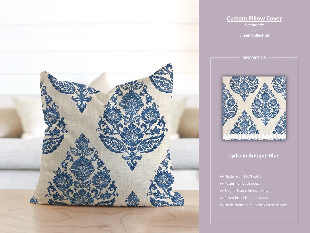 Lydia in Antique Blue Damask Floral Flower Beige Ivory Blue Gray Custom ...