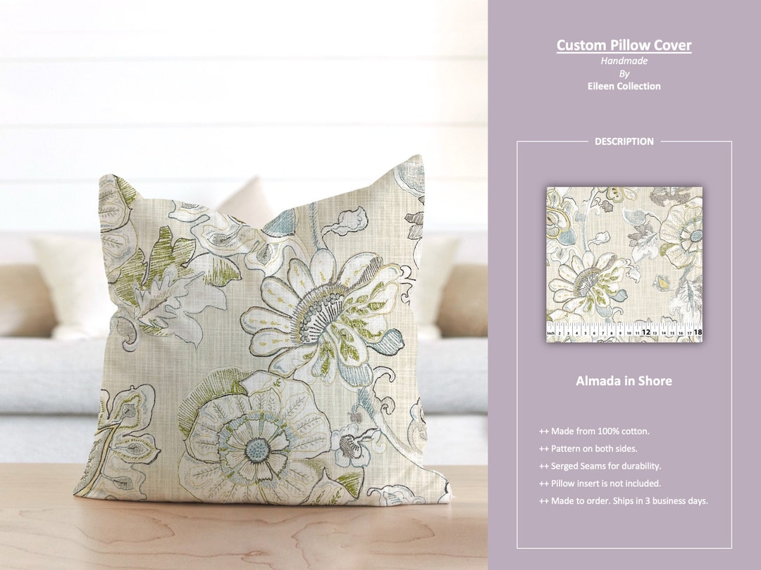 Almada in Shore; Jacobean Floral Flower Gray Beige Ivory Green Blue ...