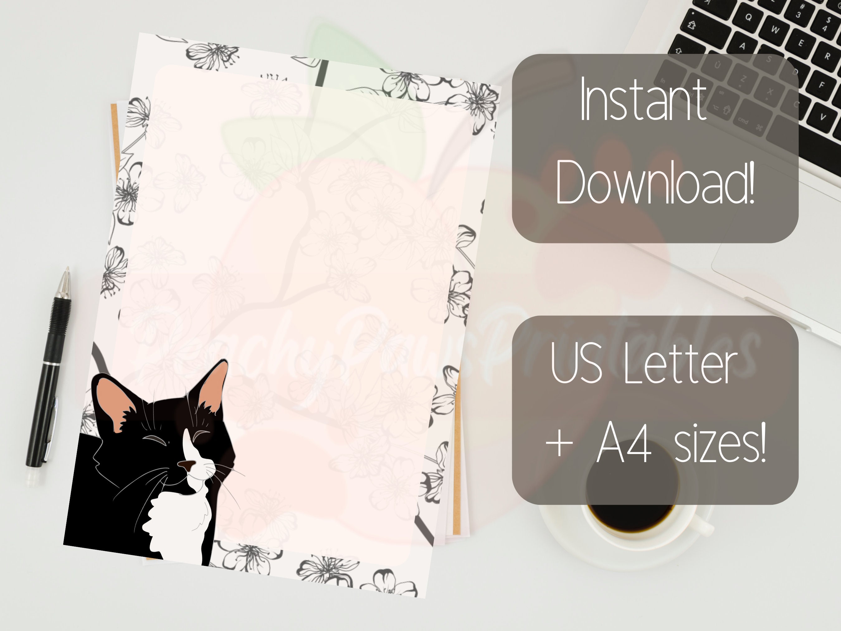 Cute Tuxedo Cat Printable Stationery, Printable Note Paper, Journal ...