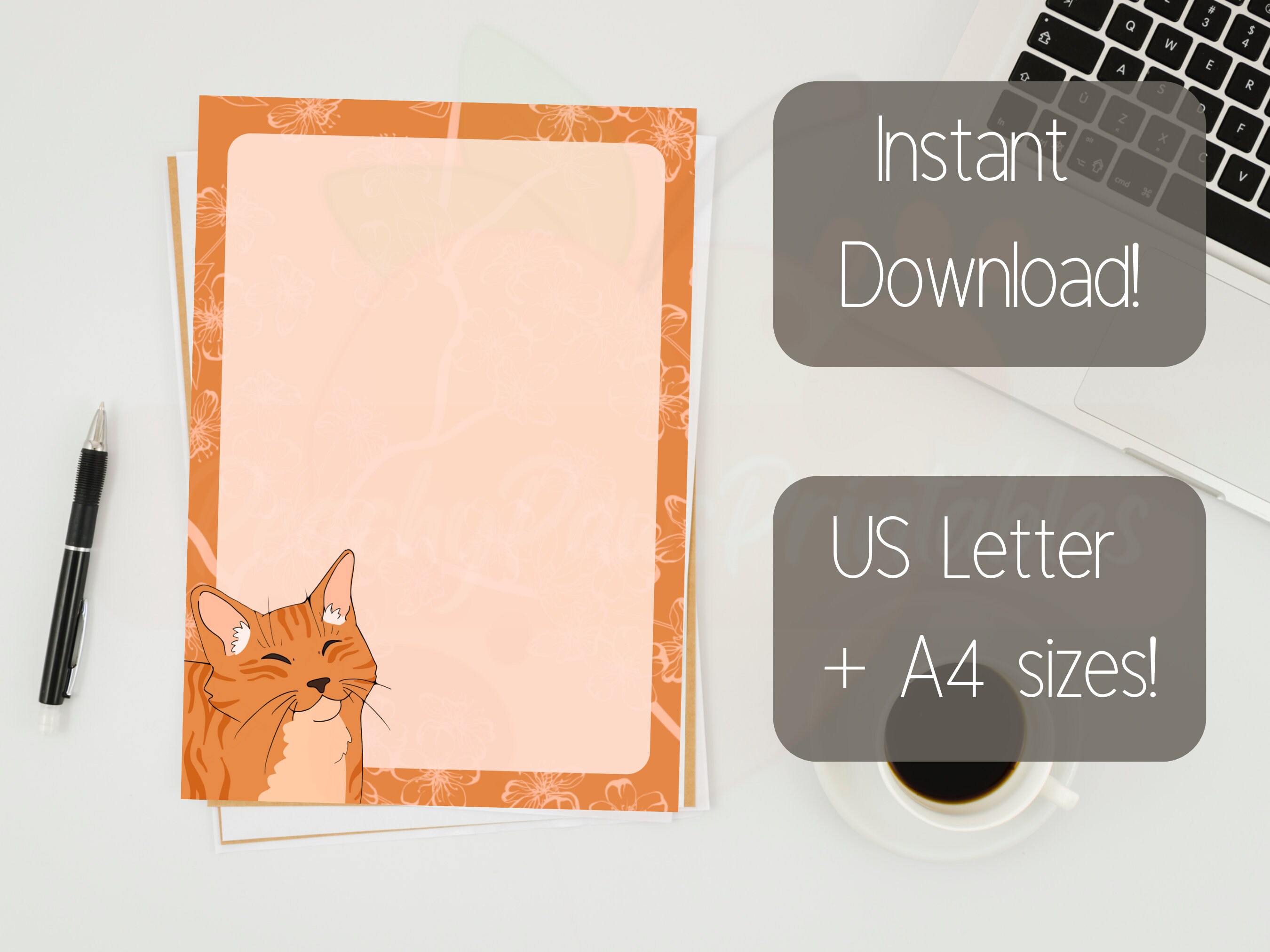 Cute Orange Tabby Cat Printable Stationery, Printable Note Paper ...