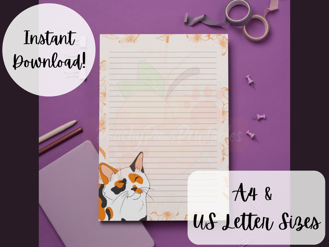 Cute Calico Cat Printable Stationery, Printable Note Paper, Journal ...