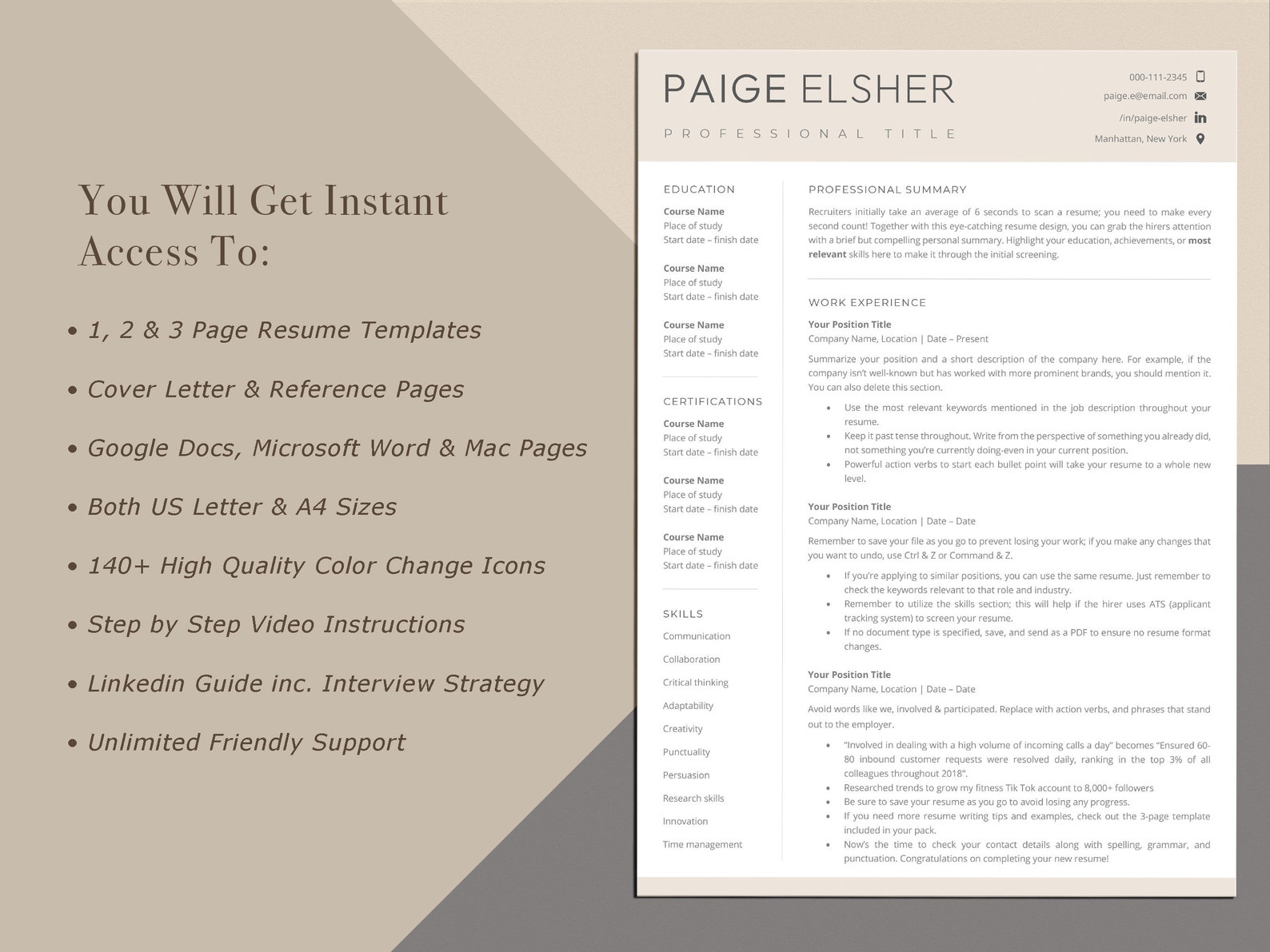 One Page Resume Template Google Docs, Word Resume, Apple Pages, Google ...