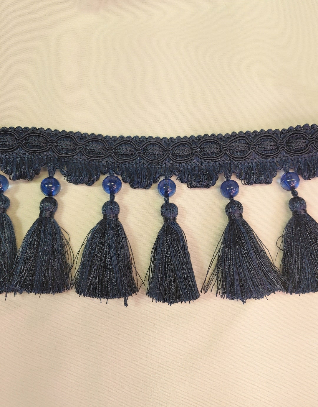 4 Navy/dark Blue Beaded Tassel Fringe Decorator Trim W/3 Tassels - Etsy