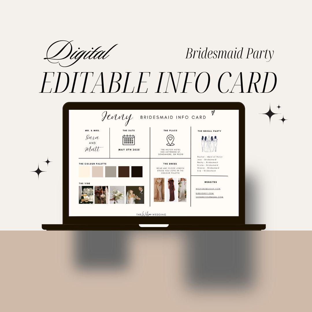 Editable Bridesmaid Info Card Template, Bridal Party Info Card ...