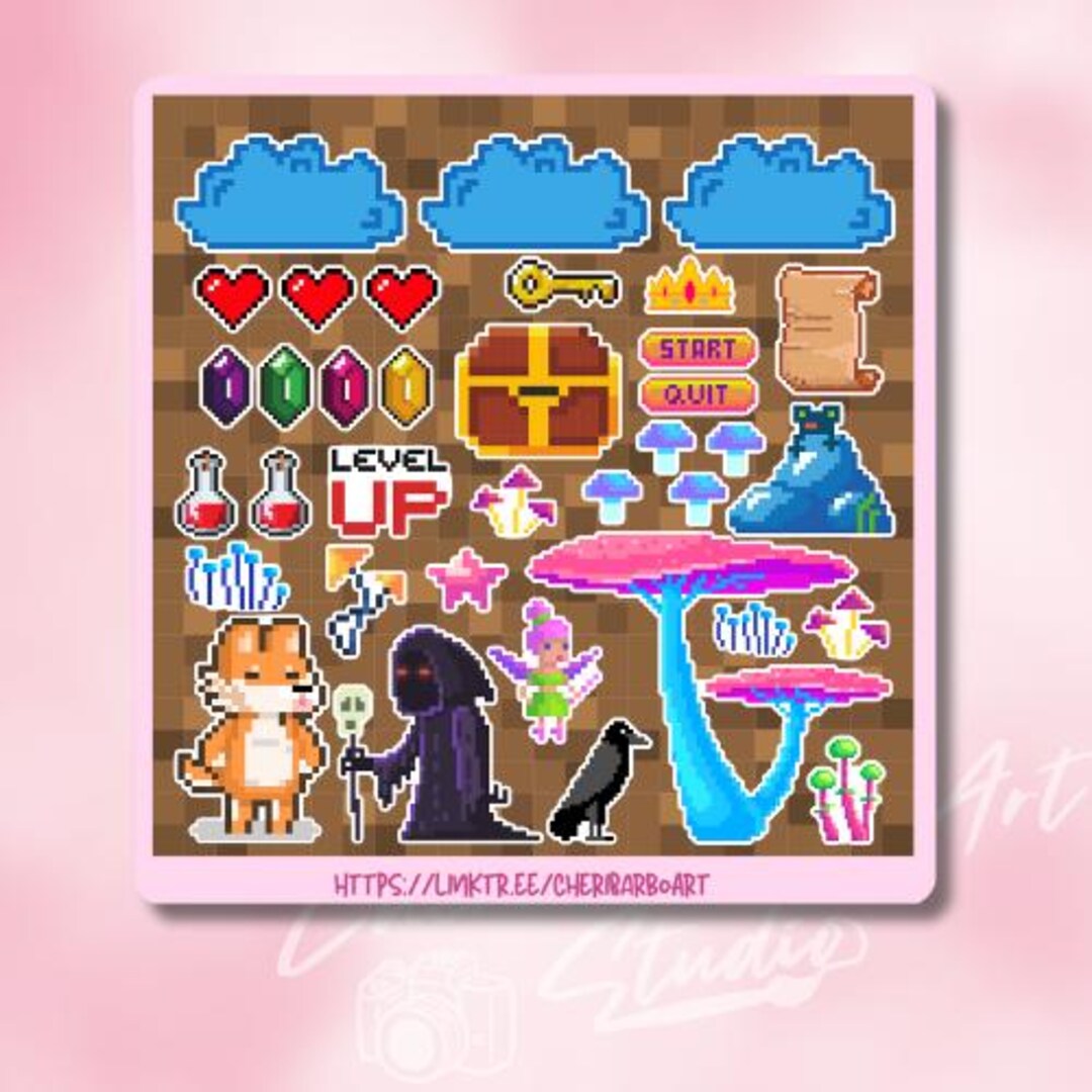 8 Bit Sticker Sheet, Retro Style Gaming Stickers, Level Up, Treasure ...