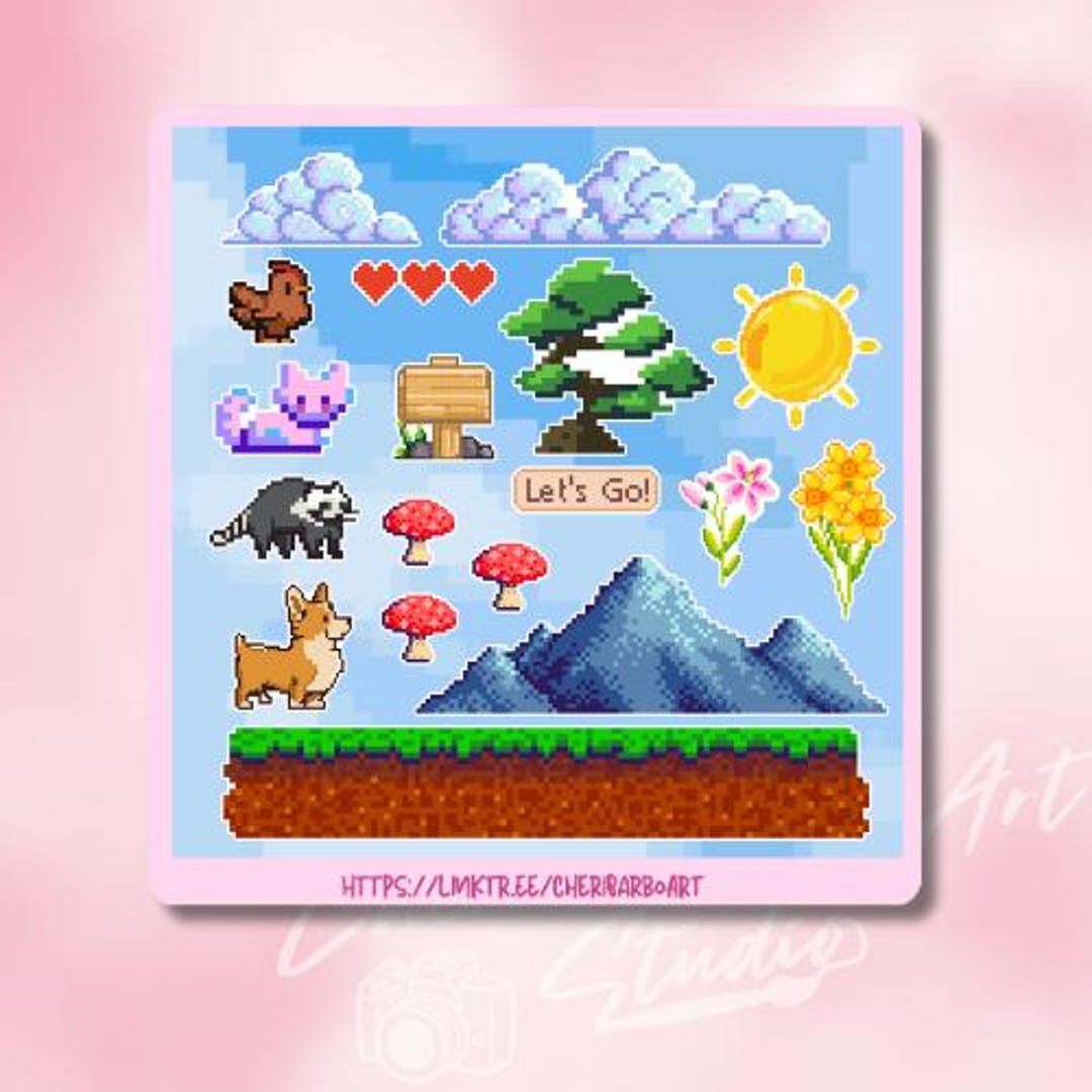 8 Bit Sticker Sheet, Countryside Charm, Raccoon, Corgi, Cat, Chicken ...