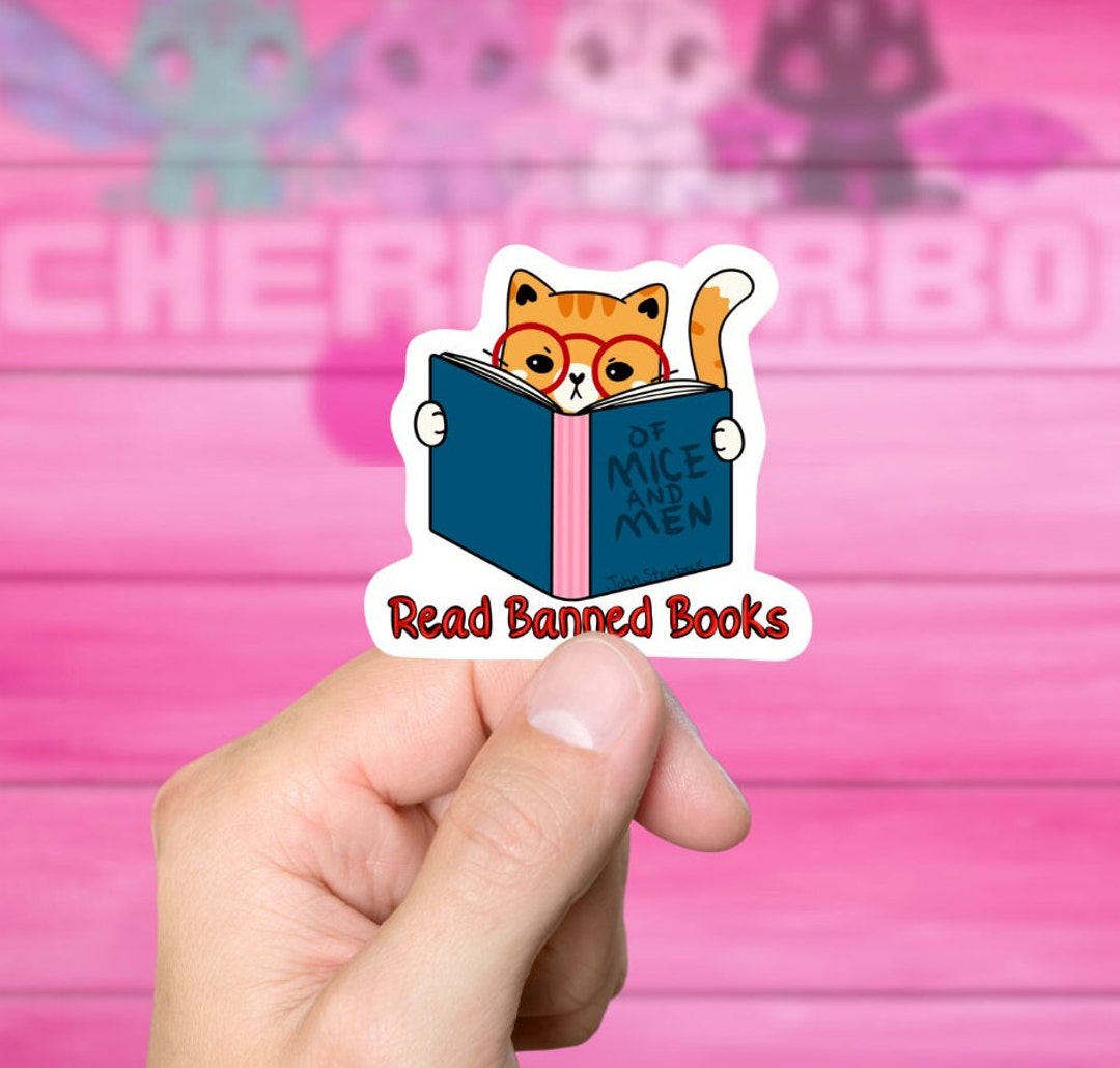 Cat Reading of Mice and Men Banned Book Vinyl Sticker, Advocating ...