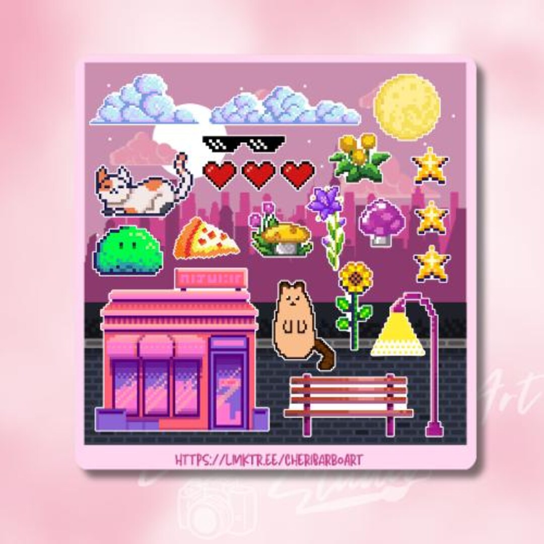 8 Bit Sticker Sheet, City Nights, Kitty Cat, Sunglasses, Video Game ...