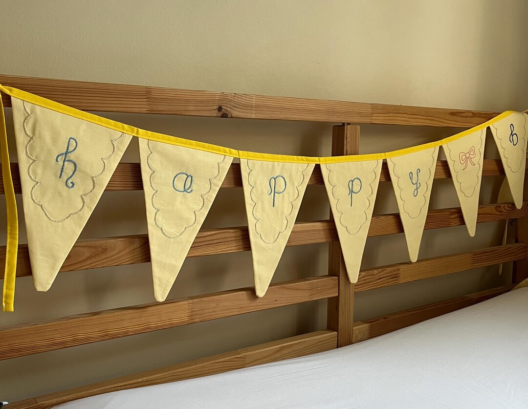 Baby Yellow Happy Birthday Bunting With Embroidered Blue Letters and ...
