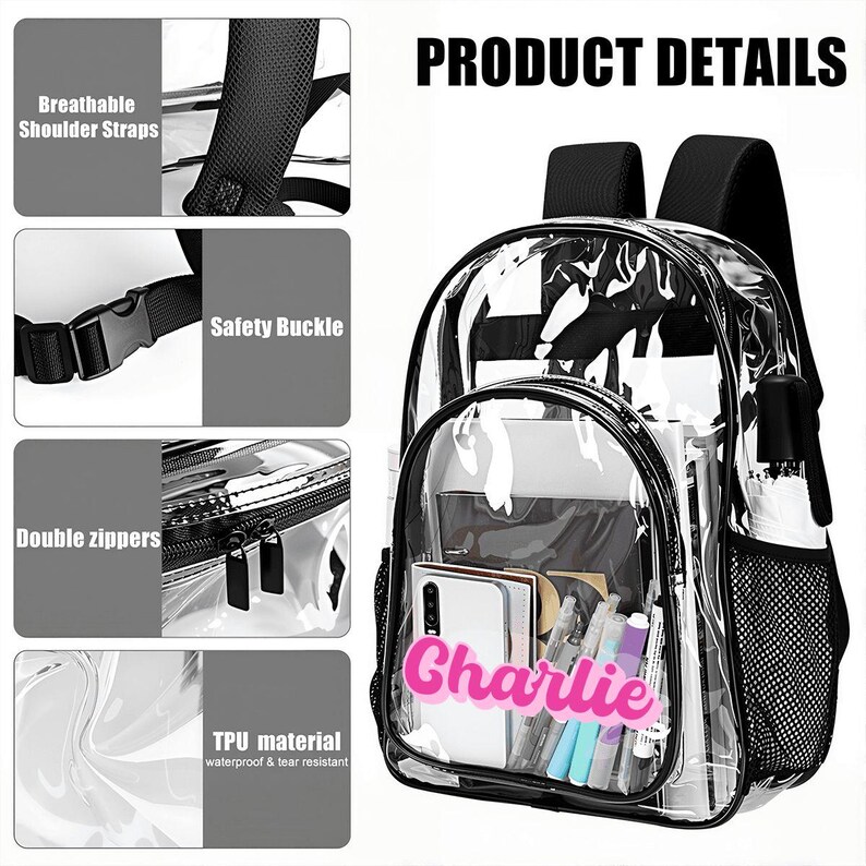 Personalized Clear Backpack for Kids, Custom Name Transparent School ...