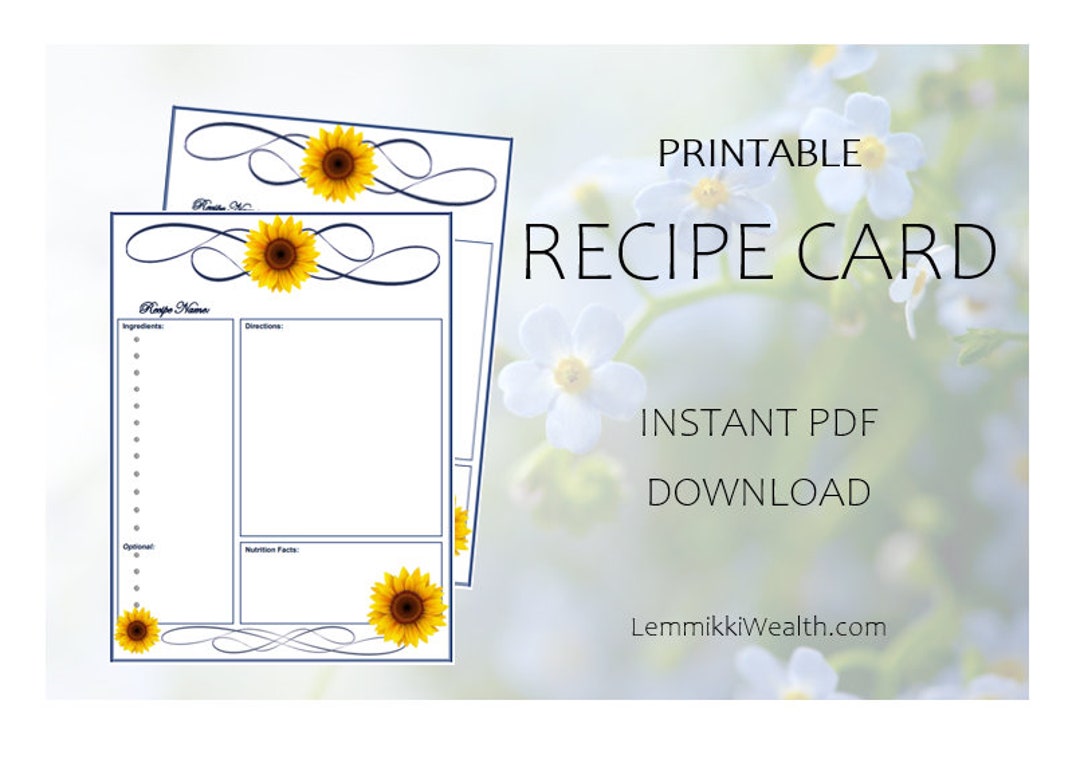 Sunflower Recipe Card Template-full Sheet-recipe Card-instant PDF ...