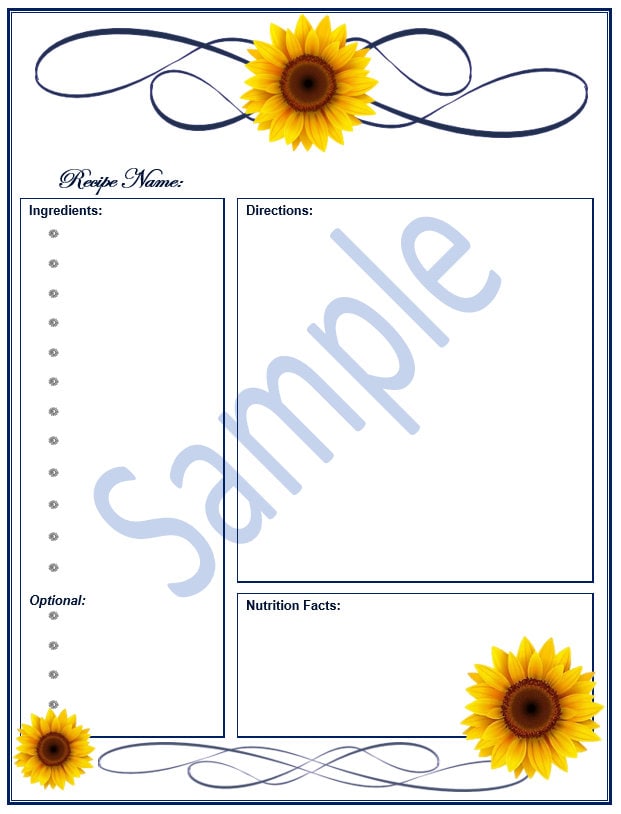Sunflower Recipe Card Template-full Sheet-recipe Card-instant PDF ...