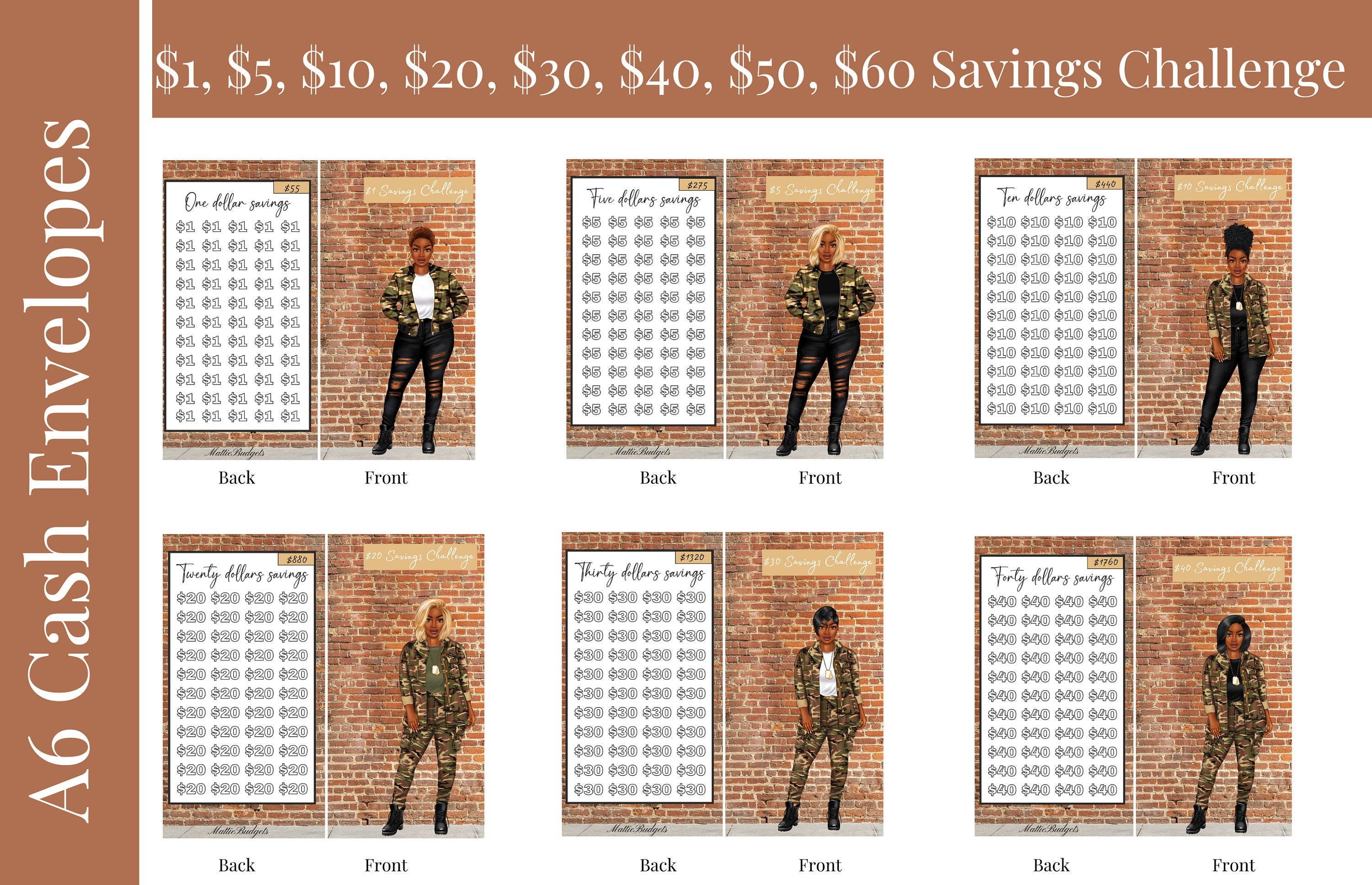 1 5 10 20 30 40 50 60 Dollars Savings Challenge A6 - Etsy