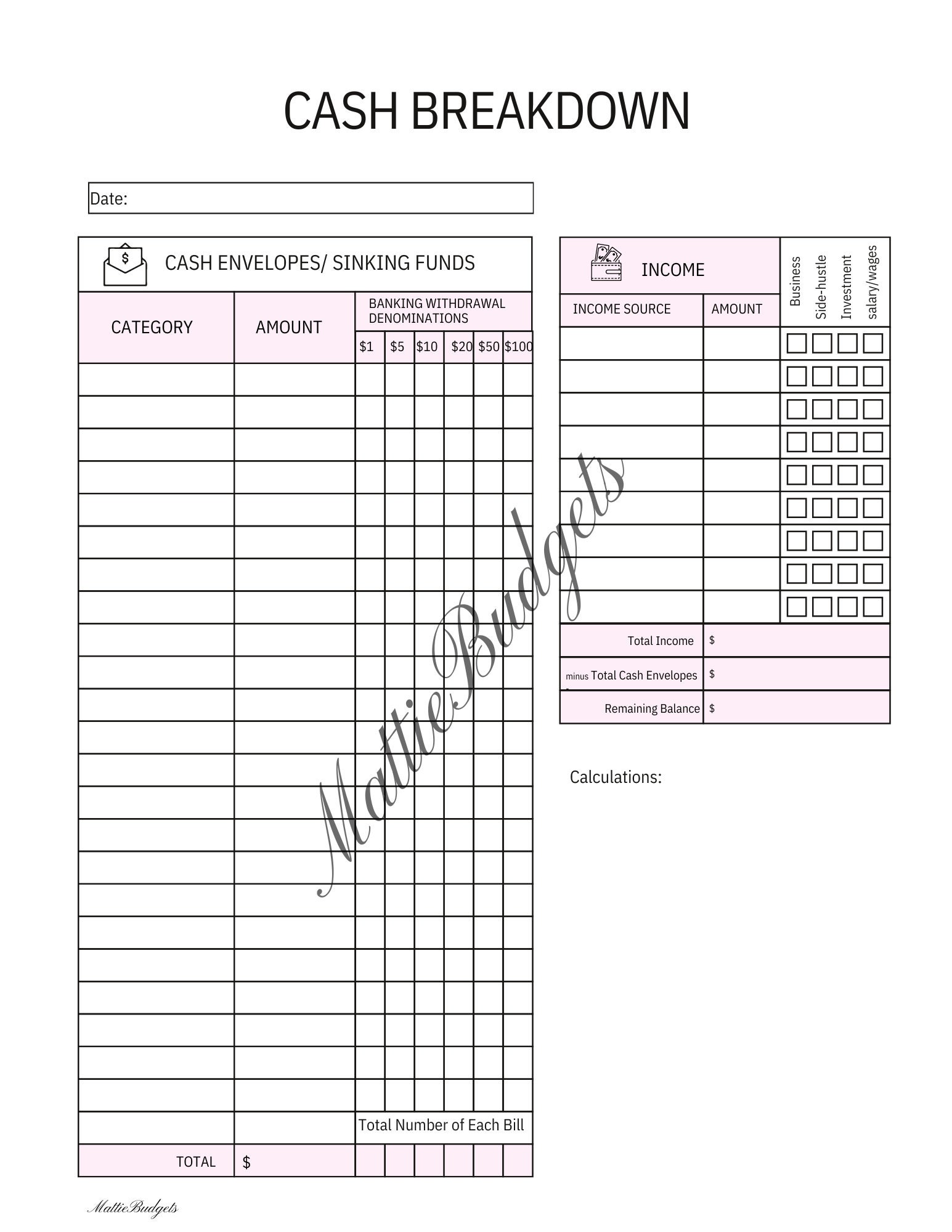 Printable Cash Breakdown Worksheet Cash Envelopes Budgeting - Etsy