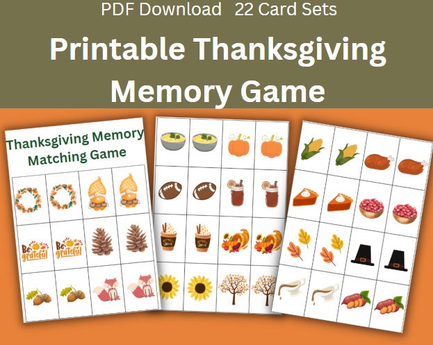 Thanksgiving Memory Game, Printable Matching Game, Fall Game for Kids ...