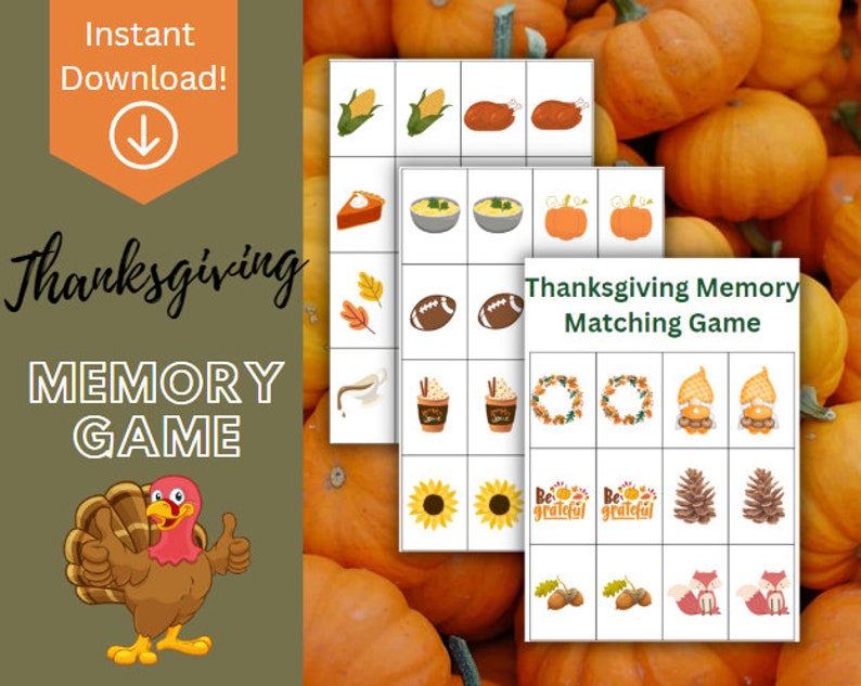 Thanksgiving Memory Game, Printable Matching Game, Fall Game for Kids ...