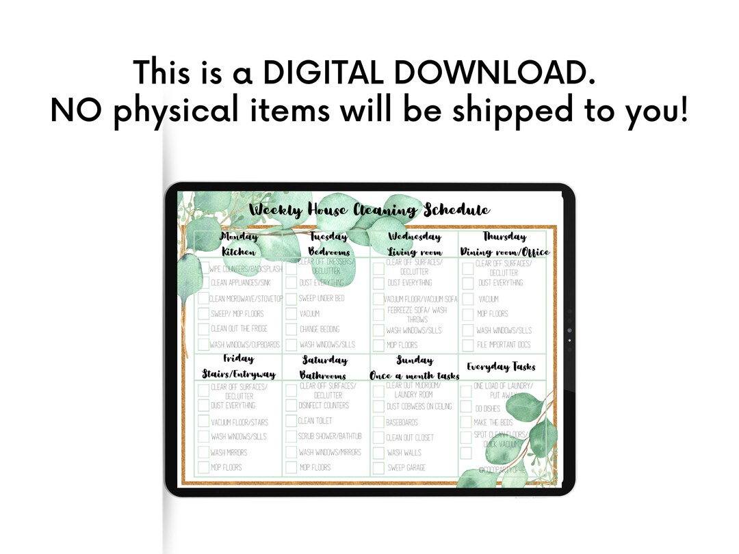 Weekly House Cleaning Schedule- Eucalyptus - Etsy