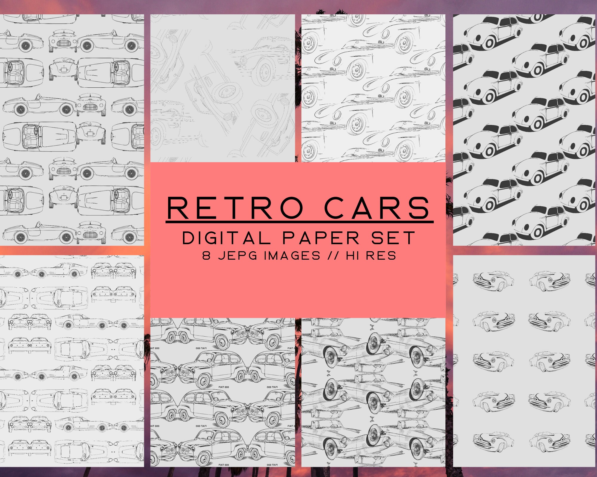 Retro Cars Digital Paper Set, Car Patterns, Backgrounds, Trendy ...
