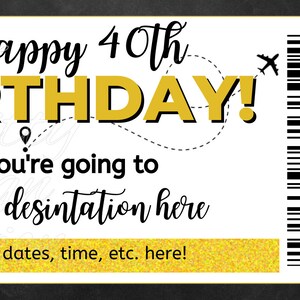 40th Birthday Boarding Pass Template Surprise Trip / Gold 40th Birthday ...