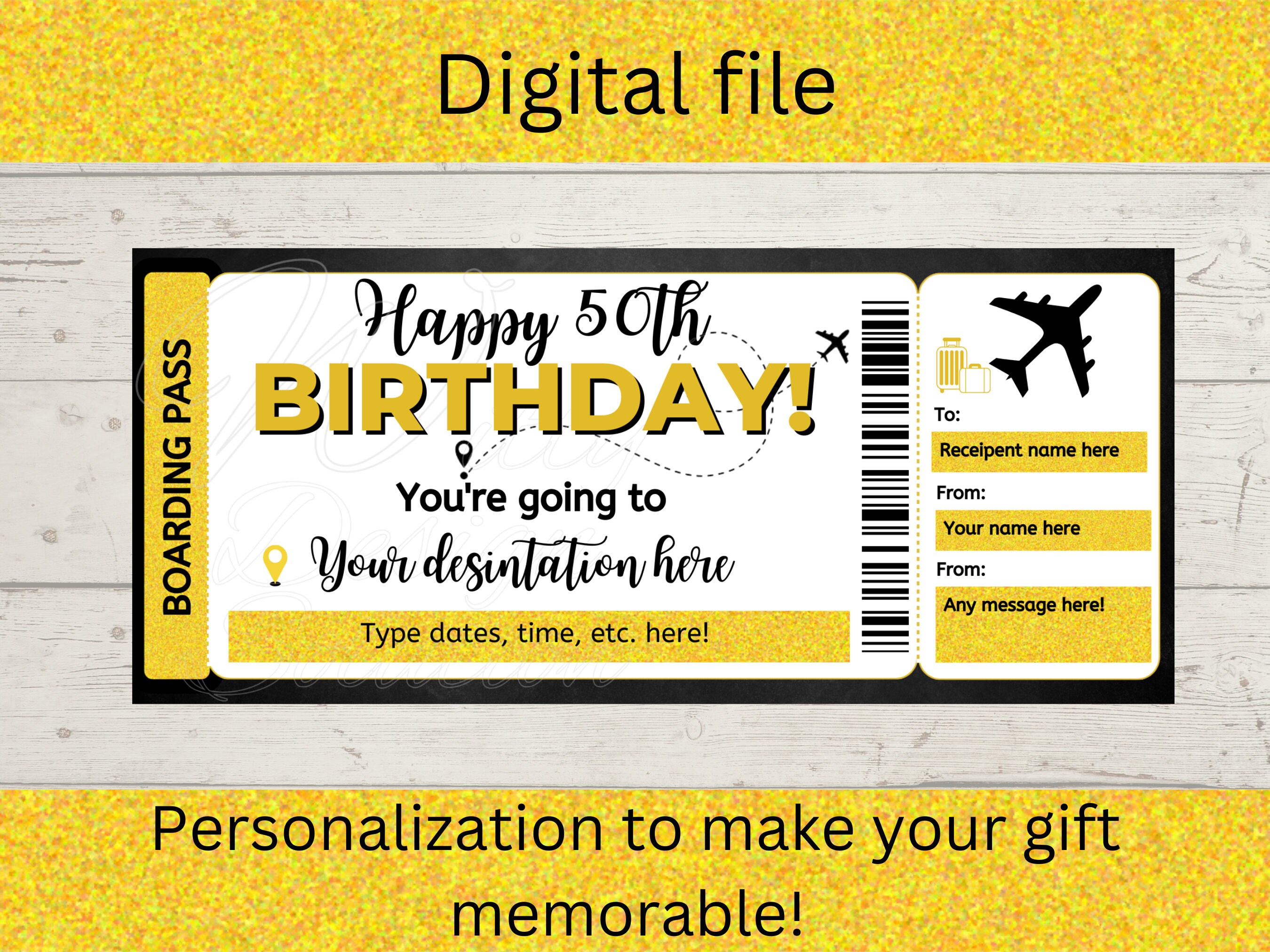 Gold Birthday Boarding Pass Template Surprise Trip / 50th Birthday ...