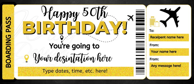 50th Birthday Boarding Pass Template Surprise Trip / Gold 50th Birthday ...