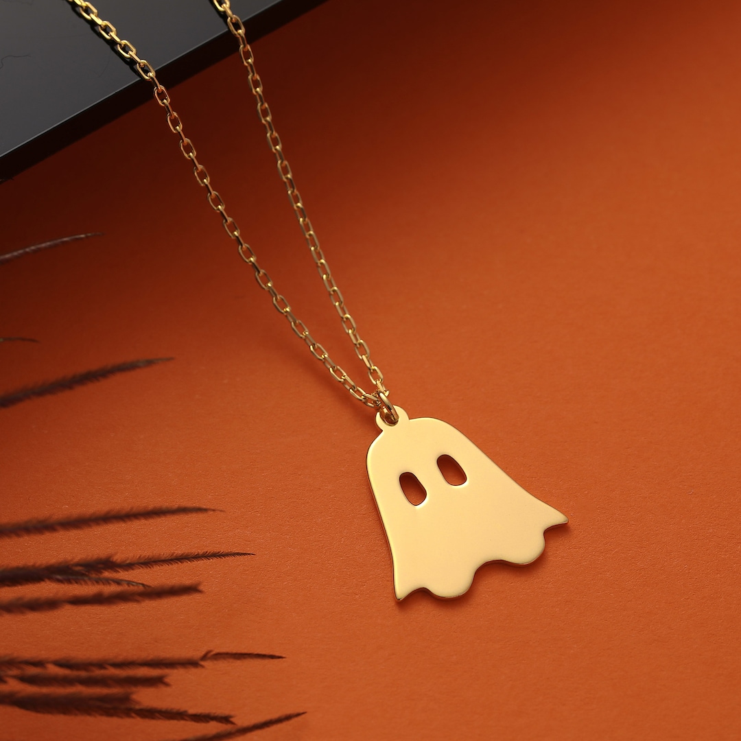 14K Solid Gold Happy Ghost Necklace, Halloween Friendly Ghost Necklace ...
