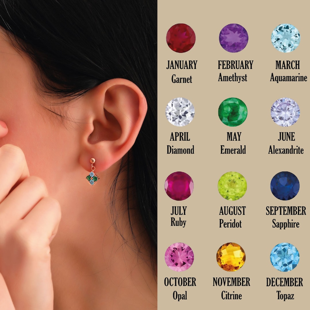 14K Solid Gold Birthstone Earring, Square Cluster Stud Earrings ...