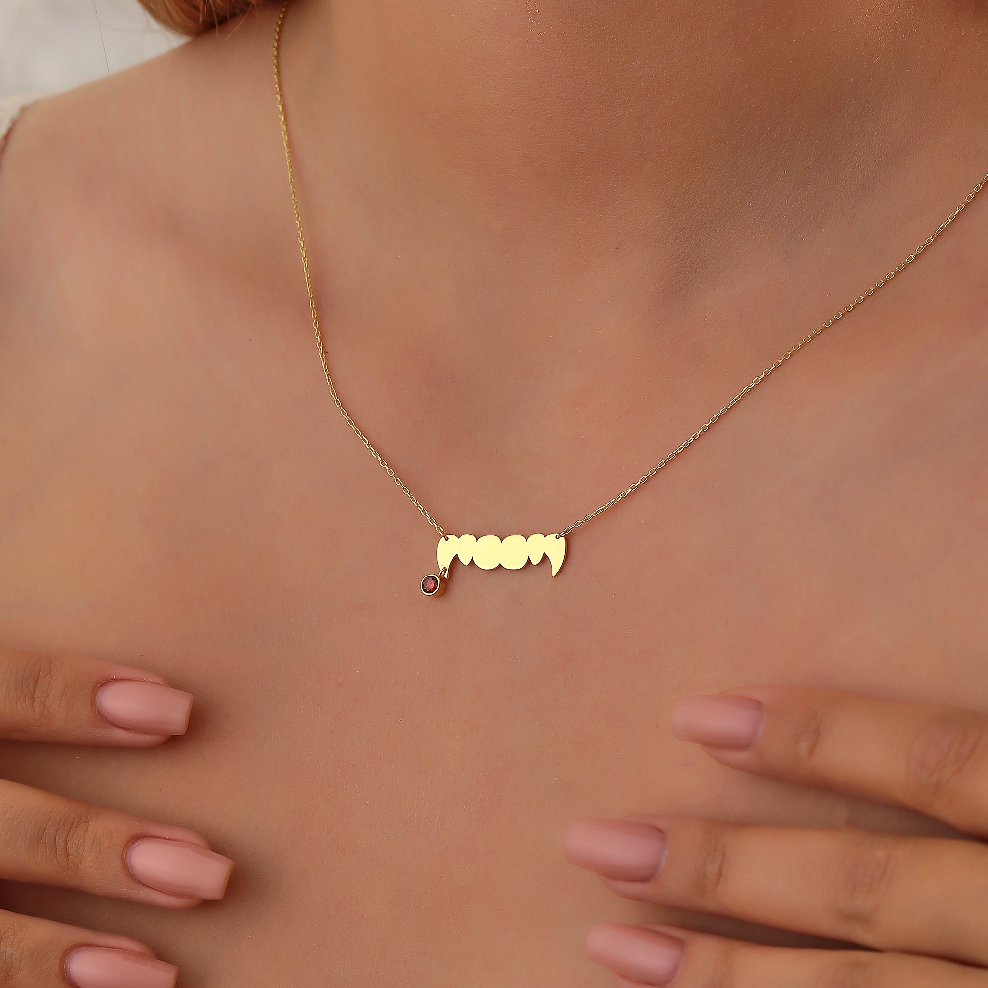 14K Solid Gold Vampire Bite Necklace, Halloween Teeth Necklace Gift for ...