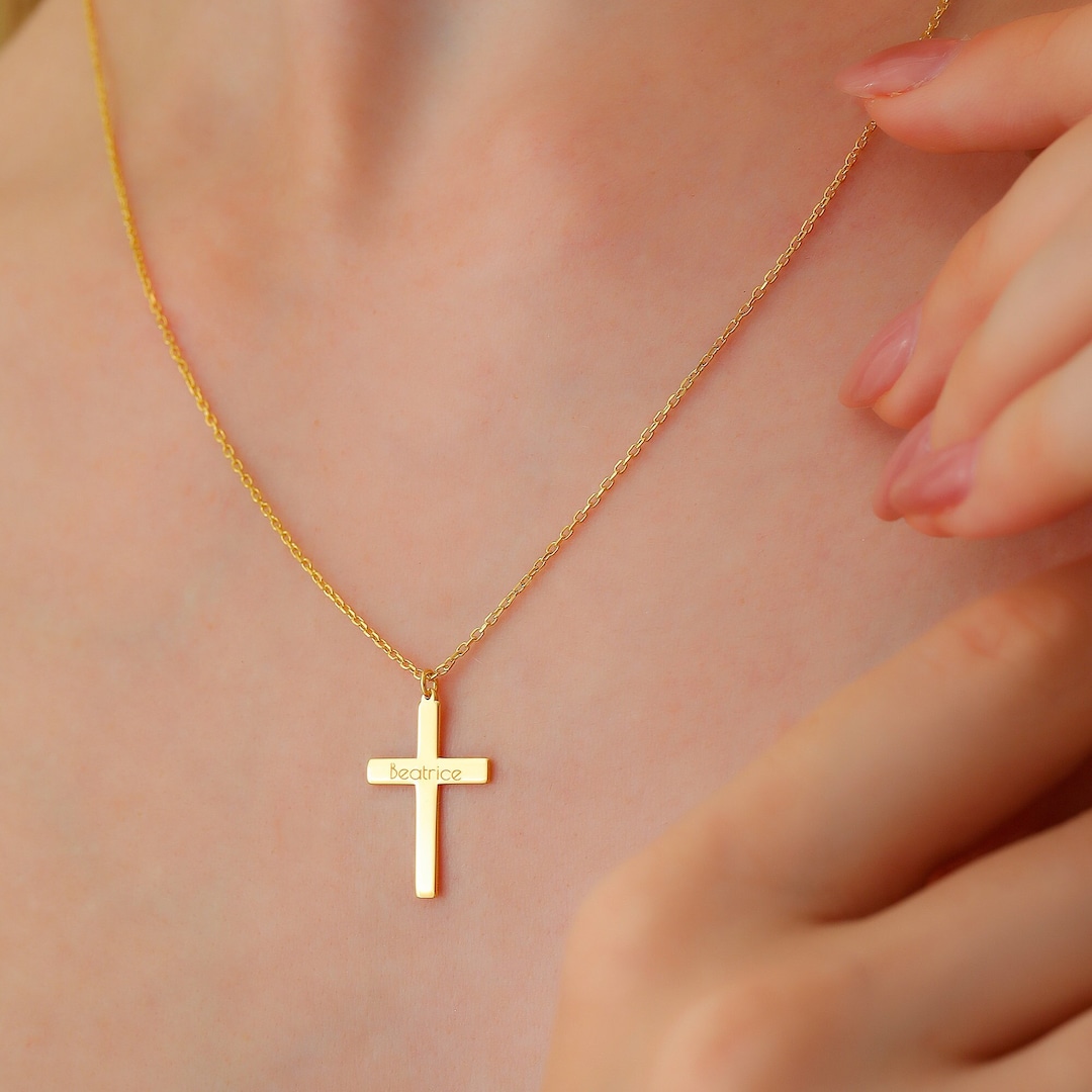 14k Solid Gold Cross Necklace: Personalized Christian Pendant - Etsy
