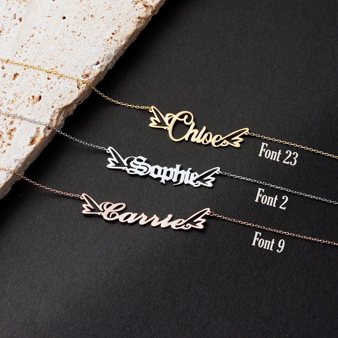 14K Solid Gold Angel Wing Necklace With Name, Personalized Custom Name ...