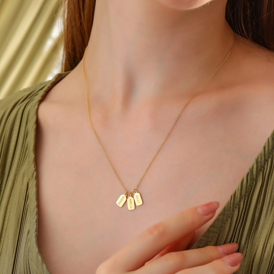 14k Solid Gold Bar Tag Necklace, Custom Name Tag Initials Necklace ...