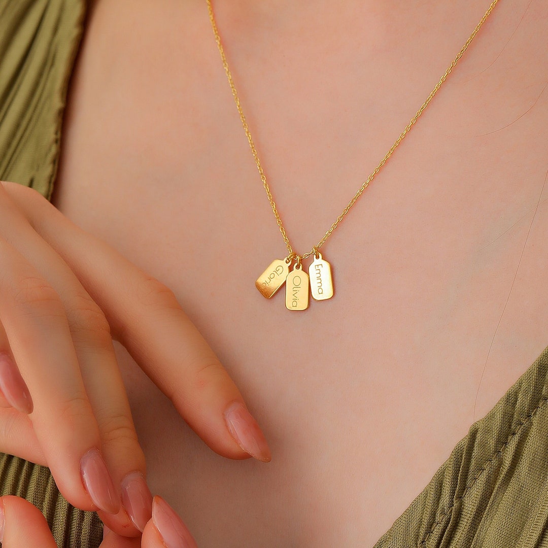 14k Solid Gold Bar Tag Necklace, Custom Family Name Tag Initials ...