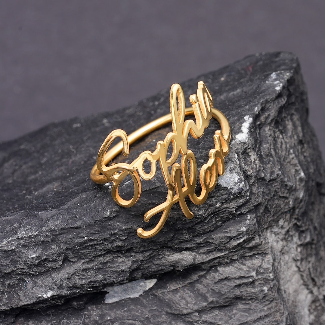 14K Solid Gold Two Name Ring, Adjustable Handmade 2 Name Ring, BFF ...