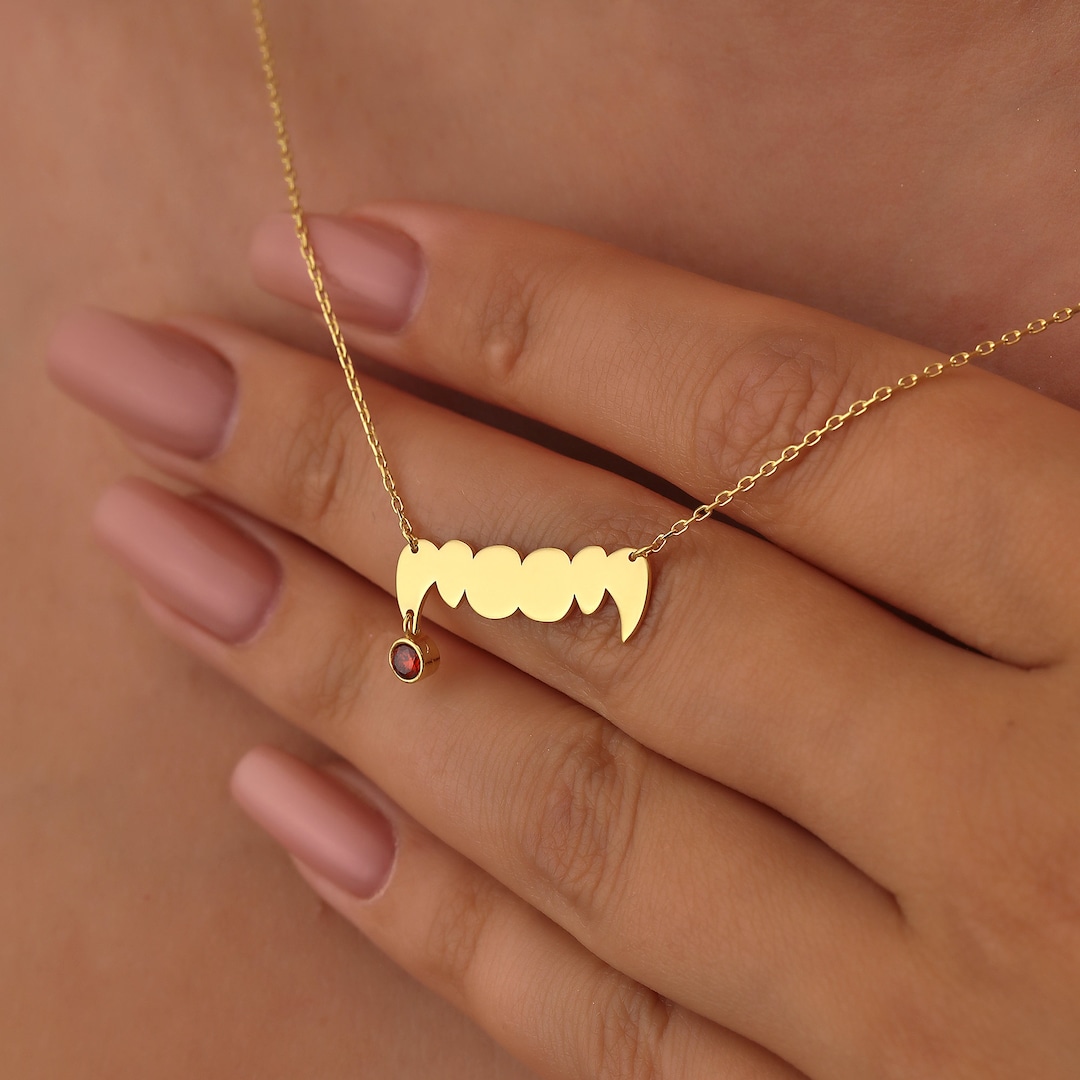 14K Solid Gold Vampire Bite Necklace, Halloween Teeth Necklace Gift for ...