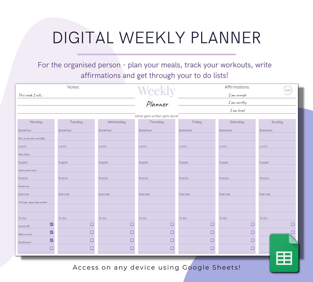 Digital Weekly Planner, Daily Planner, Google Sheets Weekly Planner, to ...