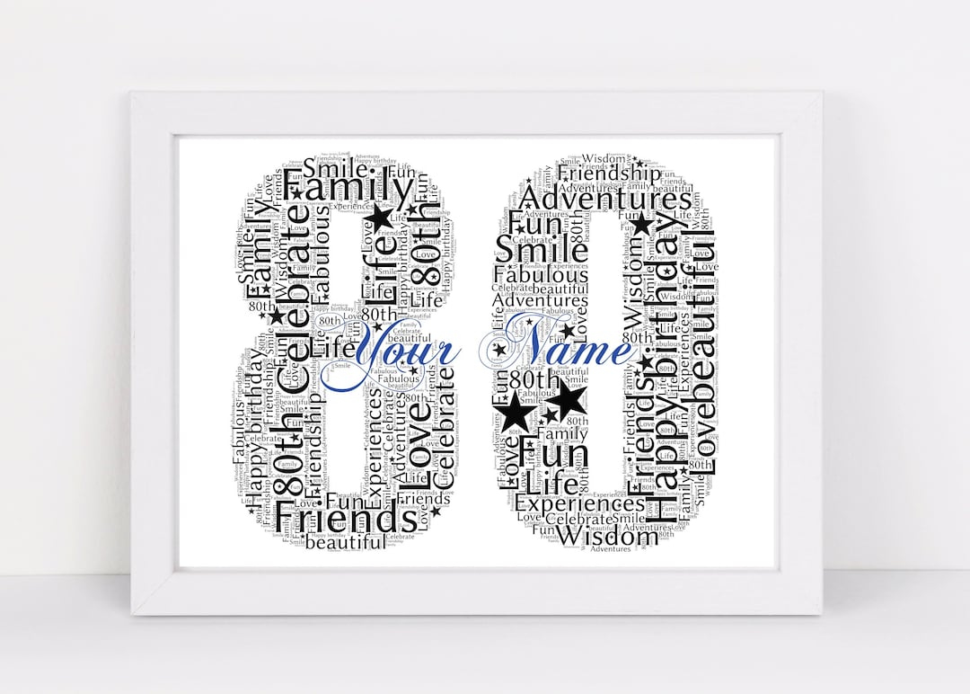Personalised 80th Birthday Word Art Print - Birthday Gift - Dad - Mum ...