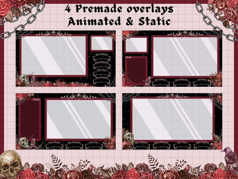Animated Goth Twitch Overlay Package, Twitch Panels, Twitch Alerts, Twitch Chat Box Webcam, Goth ...