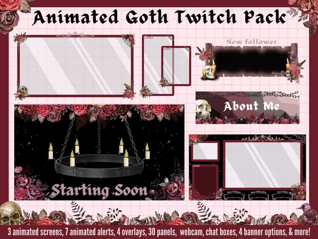 Animated Goth Twitch Overlay Package, Twitch Panels, Twitch Alerts ...