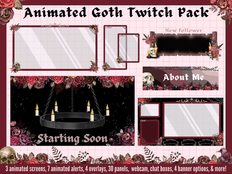 Animated Goth Twitch Overlay Package, Twitch Panels, Twitch Alerts ...