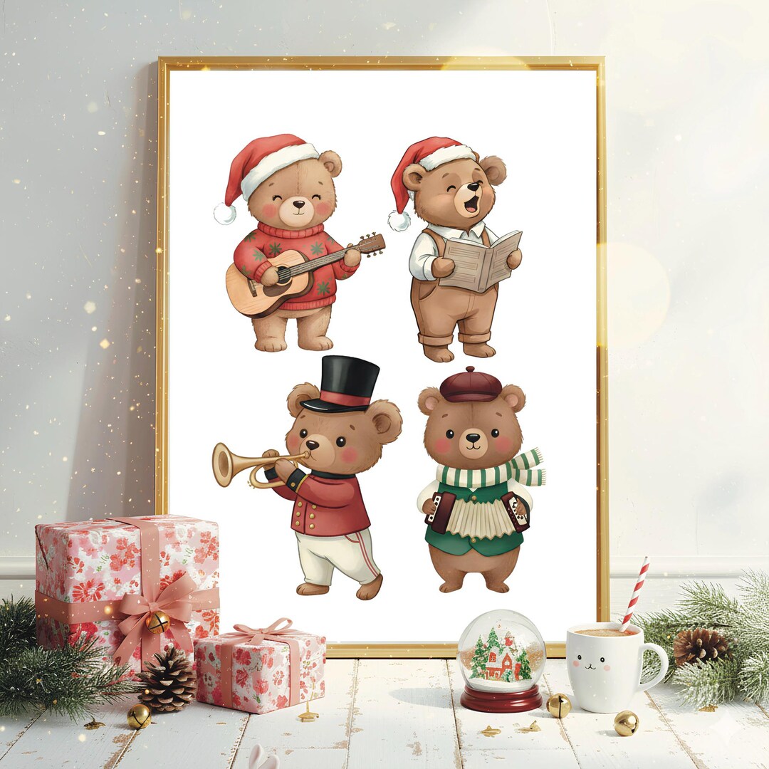 Vintage Christmas Bear Set Printable Bundle, Holiday Decor Set (digital ...