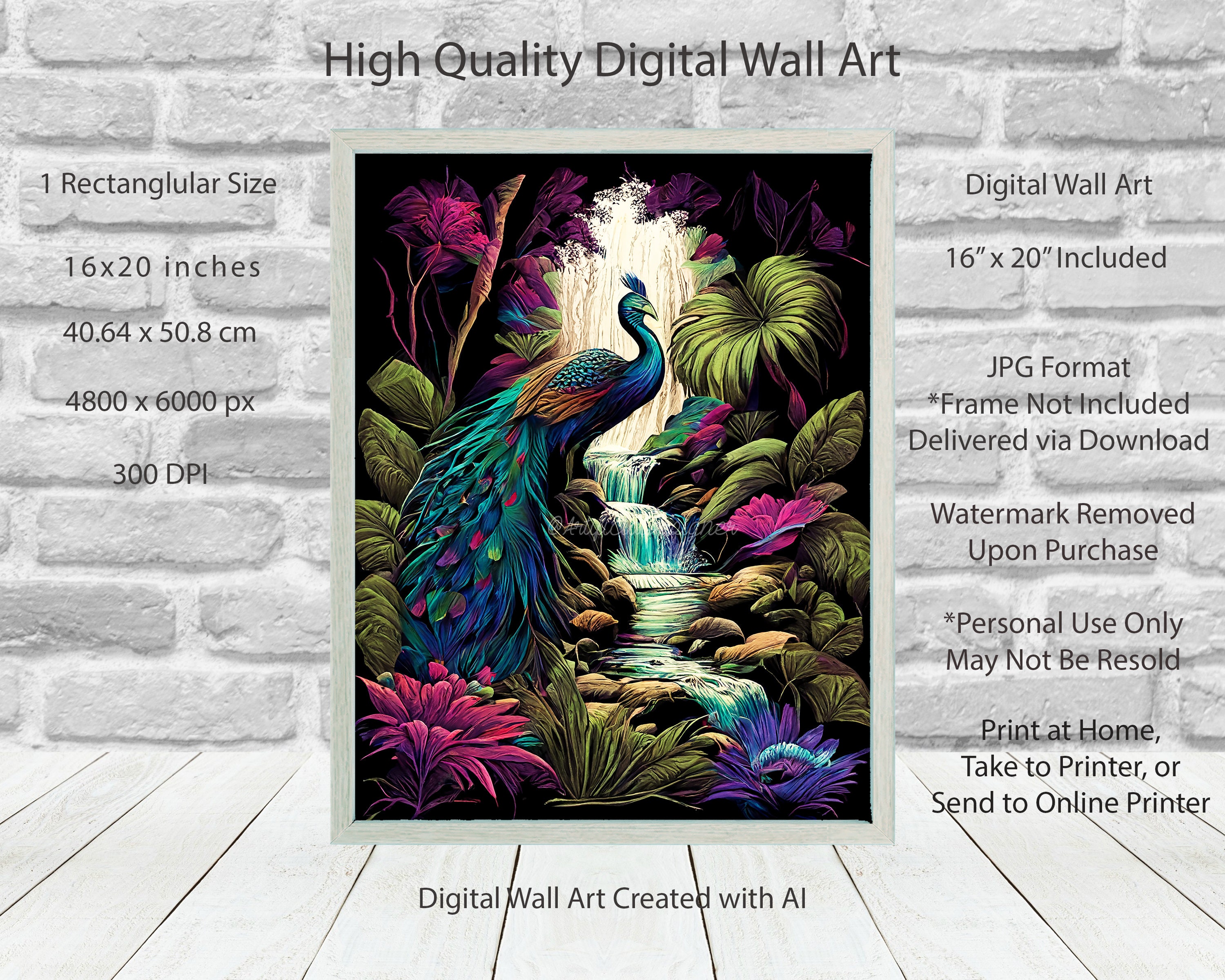 Peacock Beautiful Vivid Fantasy Art Long Gorgeous Train Flower Flora Waterfall Rocks Background