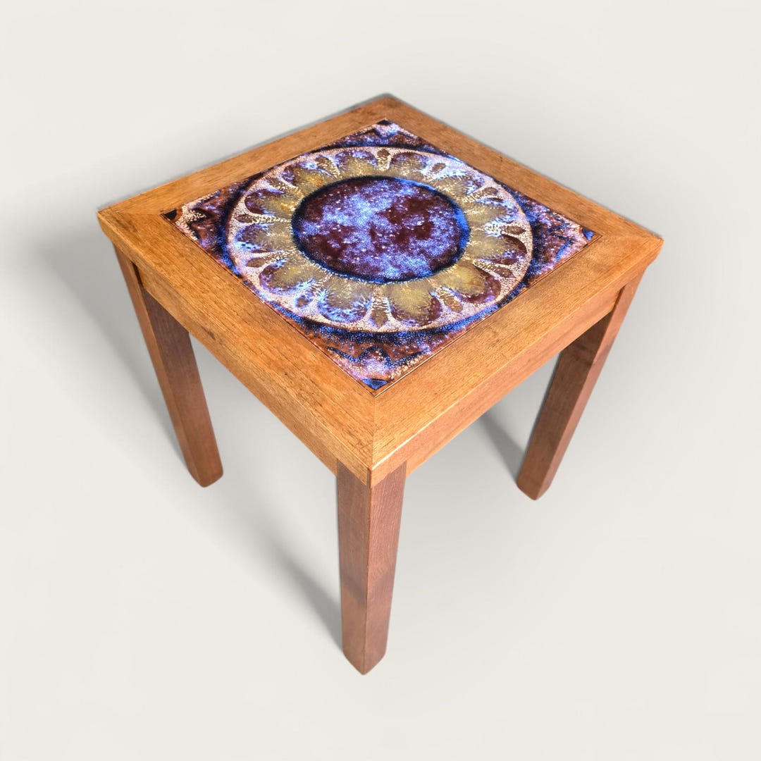 1970s Danish Teak Side Table • Hand-painted Tile Top • Disassemblable ...