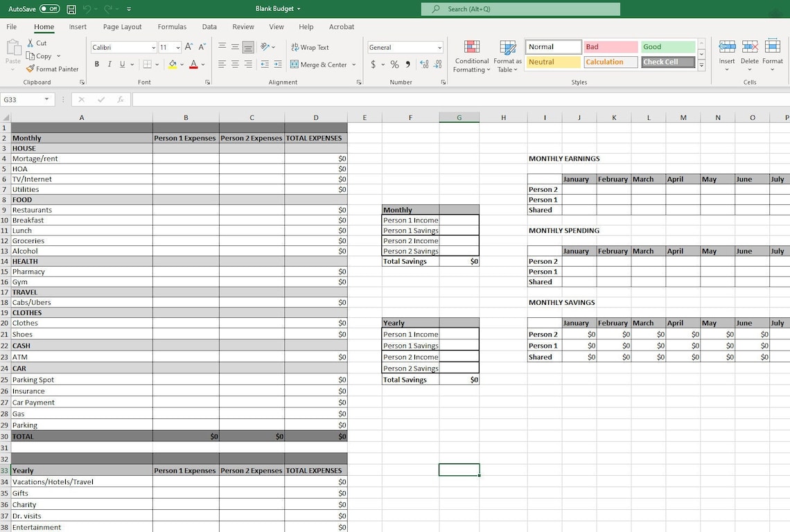 Blank Budget Spreadsheet Template for Excel, Yearly Monthly Budget ...
