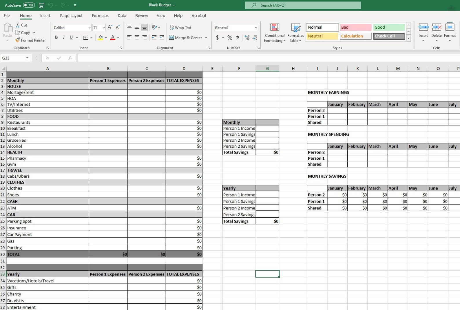 Blank Budget Spreadsheet Template for Excel, Yearly Monthly Budget ...