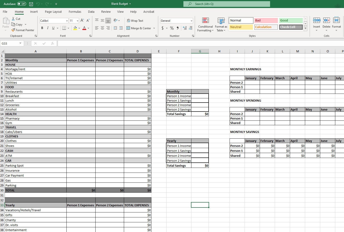 Blank Budget Spreadsheet Template for Excel, Yearly Monthly Budget ...