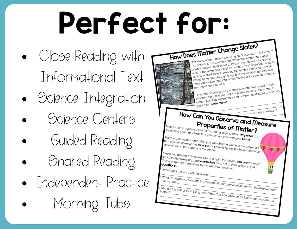 States of Matter - Reading Passages, Comprehension, and Activities - Etsy