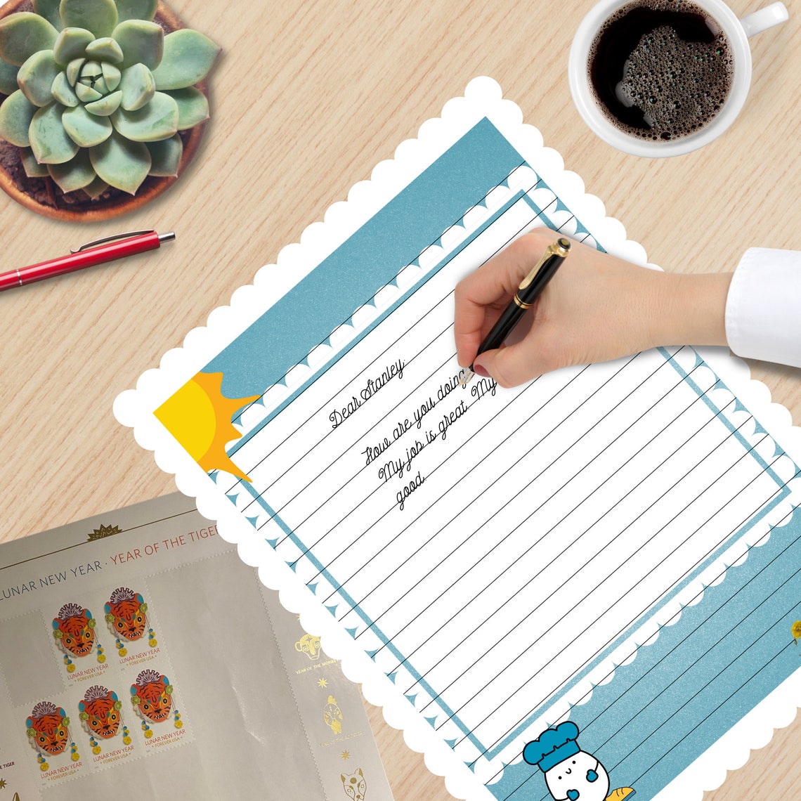 Printable Mr. Egg Chef Blue Stationery, Lined Unlined Letter Writing ...