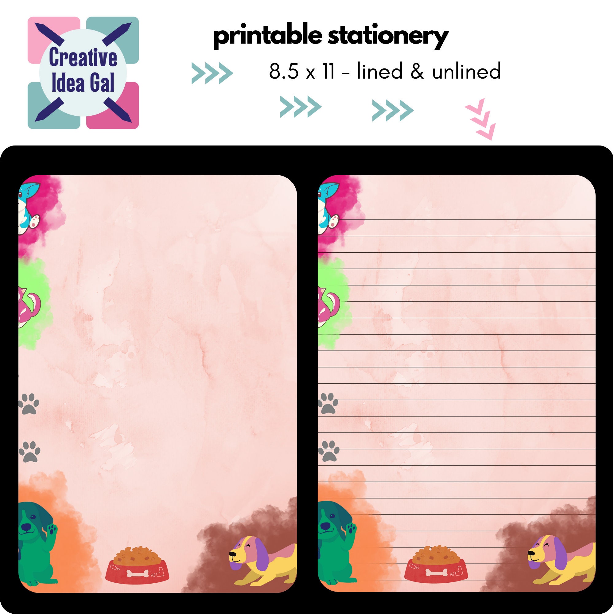 Printable Colorful Puppy Dog Cute Stationery, Lined Unlined Letter ...