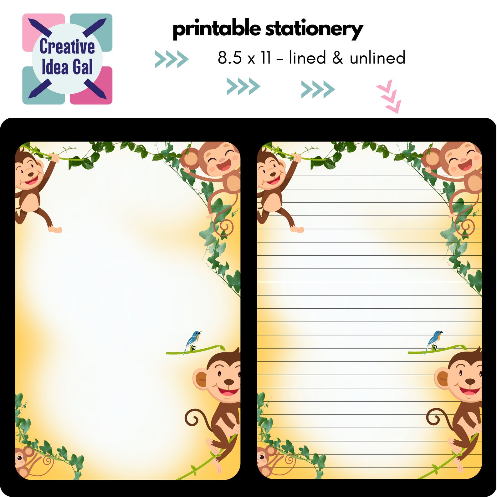 Printable Monkey Vine Stationery, Lined Unlined Letter Writing Paper ...