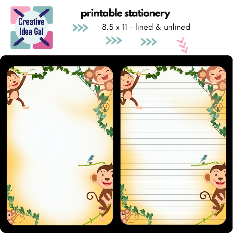 Printable Monkey Vine Stationery, Lined Unlined Letter Writing Paper ...